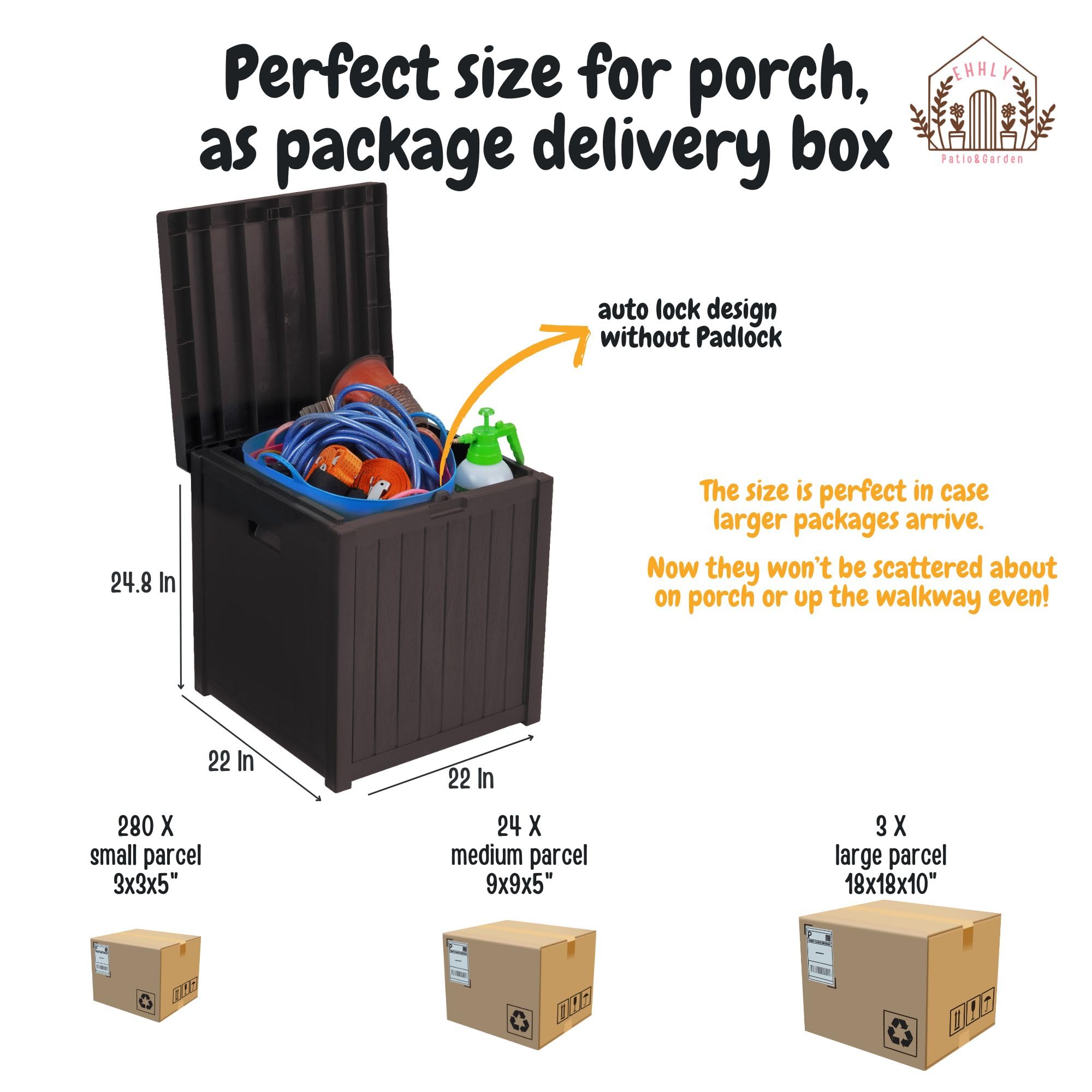 EHHLY Deck Box, 51 Gallon Front Porch Package Bin Delivery Box for Outside, Small Patio Outdoor Storage Boxes Waterproof, UV Resistant Plastic Resin Pool Storage Bins with lids, Brown