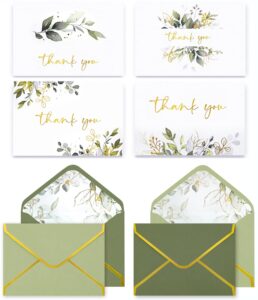 veeyol 100 gold foil thank you cards with envelopes, 5x3.75 inches greenery eucalyptus thank you notes for wedding, baby shower, graduation, bridal, business, anniversary