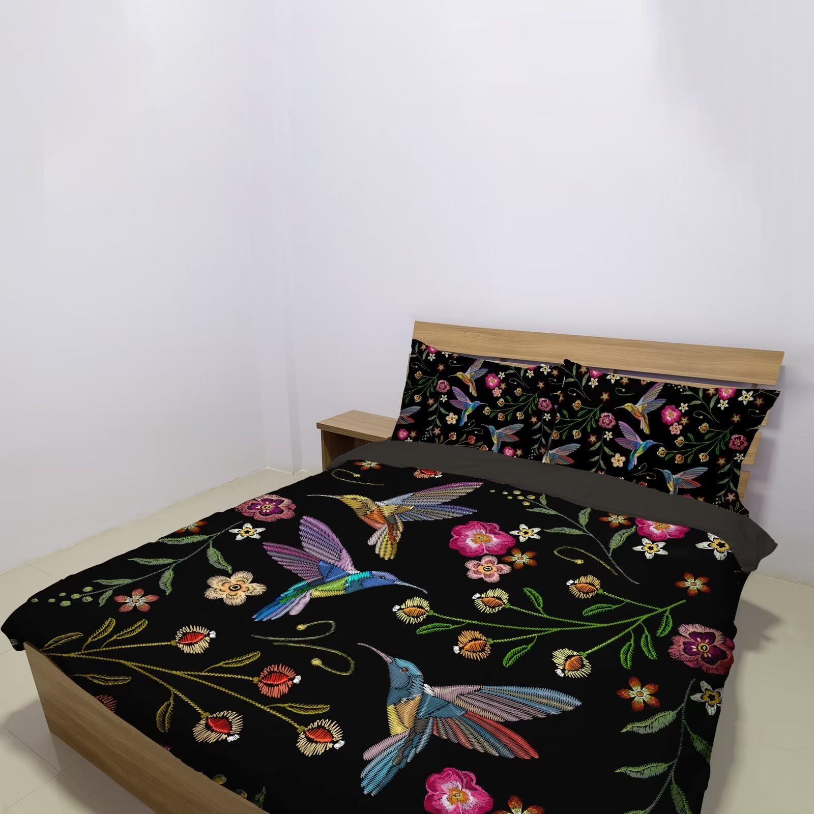 gearider Hummingbirds Floral Pattern Duvet Cover Set, Embroider Style Soft Bedding Set with Zipper Closure for Women Men, Black Lining, Size Queen