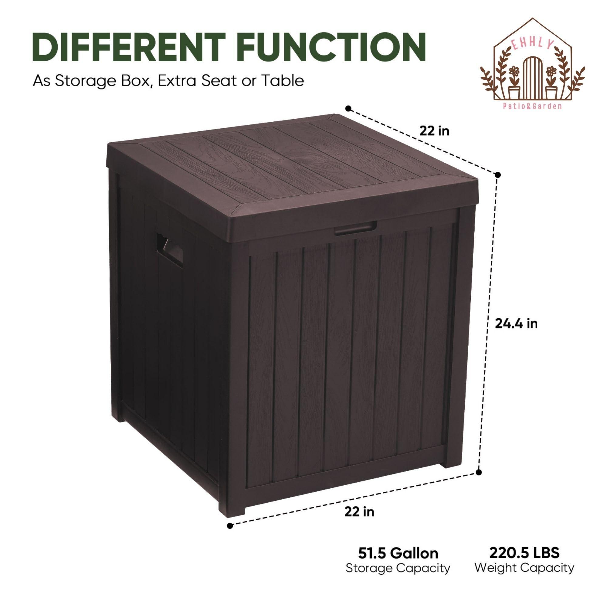 EHHLY Deck Box, 51 Gallon Front Porch Package Bin Delivery Box for Outside, Small Patio Outdoor Storage Boxes Waterproof, UV Resistant Plastic Resin Pool Storage Bins with lids, Brown