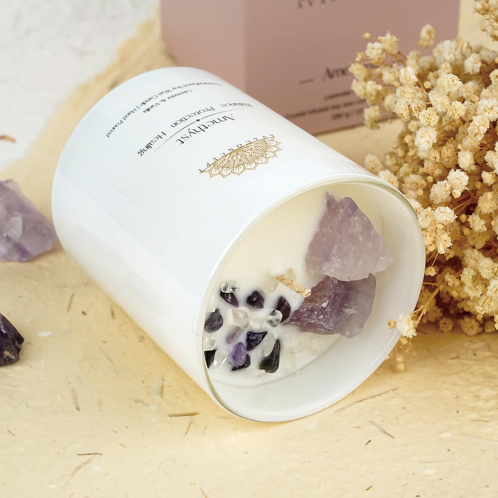 Healing Crystal Candle, Scented Candle Infused Amethyst and Clear Quartz Crystals, Lavender & Vanilla Scented,Positivity Energy Wellness, Gift for Women Aromatherapy Clean Vegan 10Oz Jar Candle