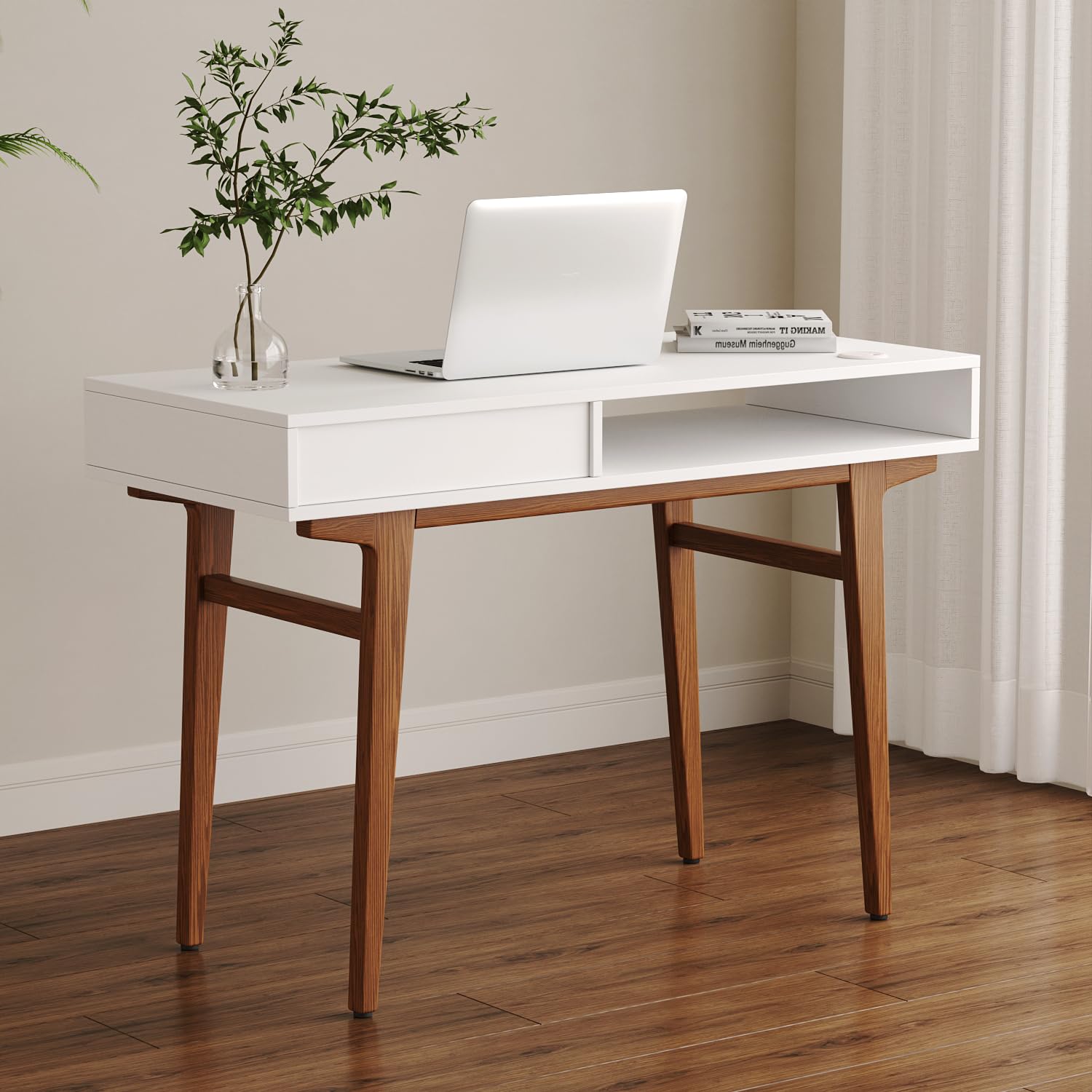 Longcoam Design White Computer Desk with Drawers - 45 inch Minimalist Small Solid Wood Mid-Century Modern Office Desk for Home - Boho Style Writing Table with Open Storage,Light Wooden Desk Workspace