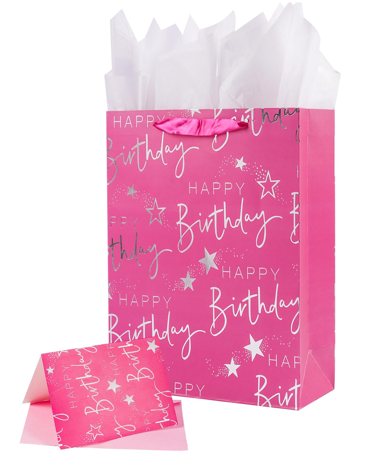 JWSCYSY 16.5" Extra Large Happy Birthday Gift Bag with Card and Tissue Papers, Huge Gift Bag for Kids Girls Birthday Party (Pink)