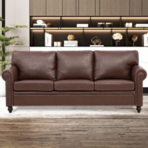 tingmamadehua modern brown faux leather sofa – 3-seater couch for living room, comfy upholstered design with tufted detachable back cushions, traditional rolled arms, and nailhead trim – easy assembly