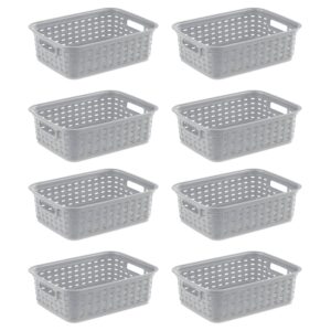 sterilite 11 inch small weave open bin wicker storage basket home organizer tote for countertops, bookshelves, and closets, cement, 8-pack