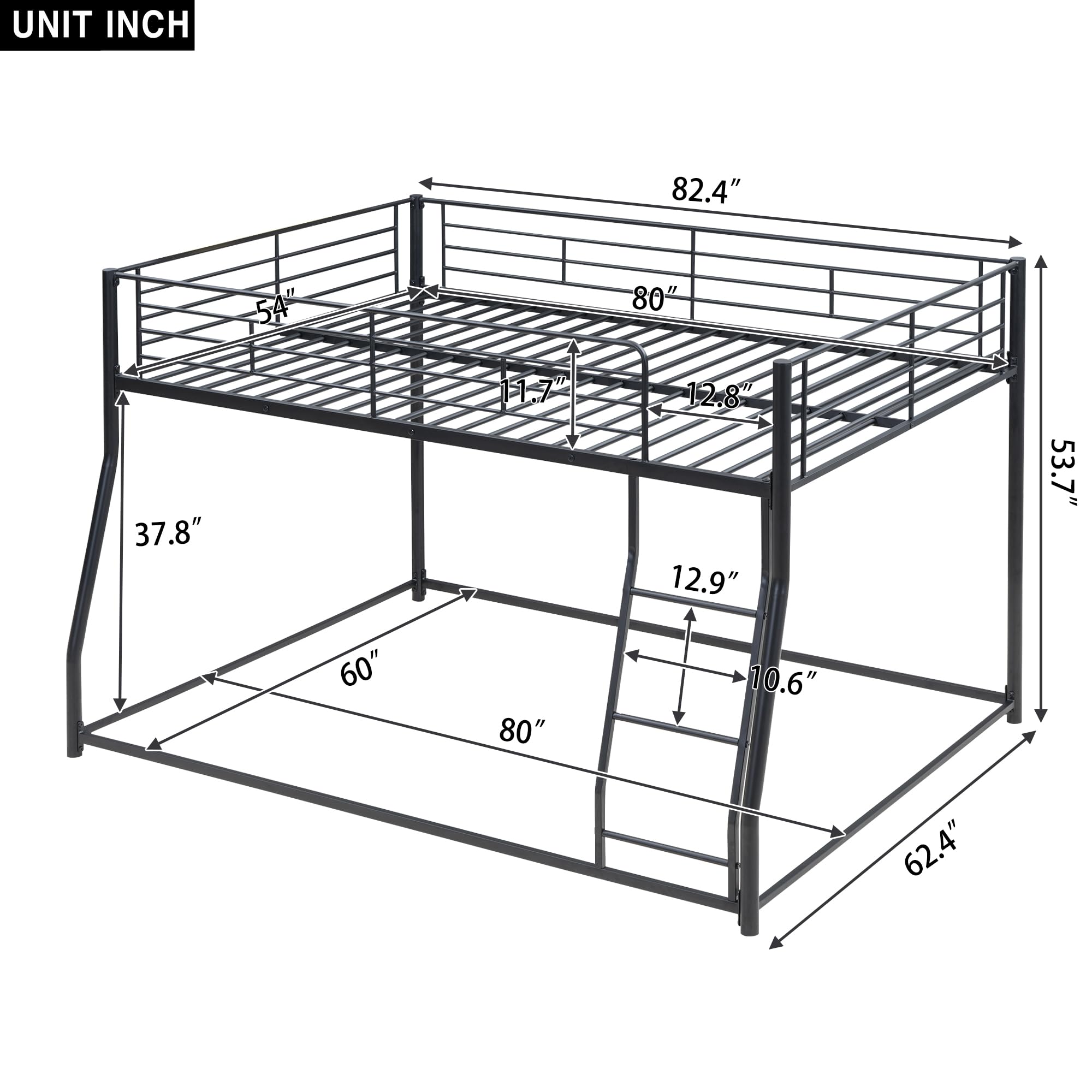 Harper & Bright Designs Full XL Over Queen Bunk Beds, Heavy-Duty Metal Floor Bunk Bed Frame with Ladder for Kids Boys Girls Teens,Black