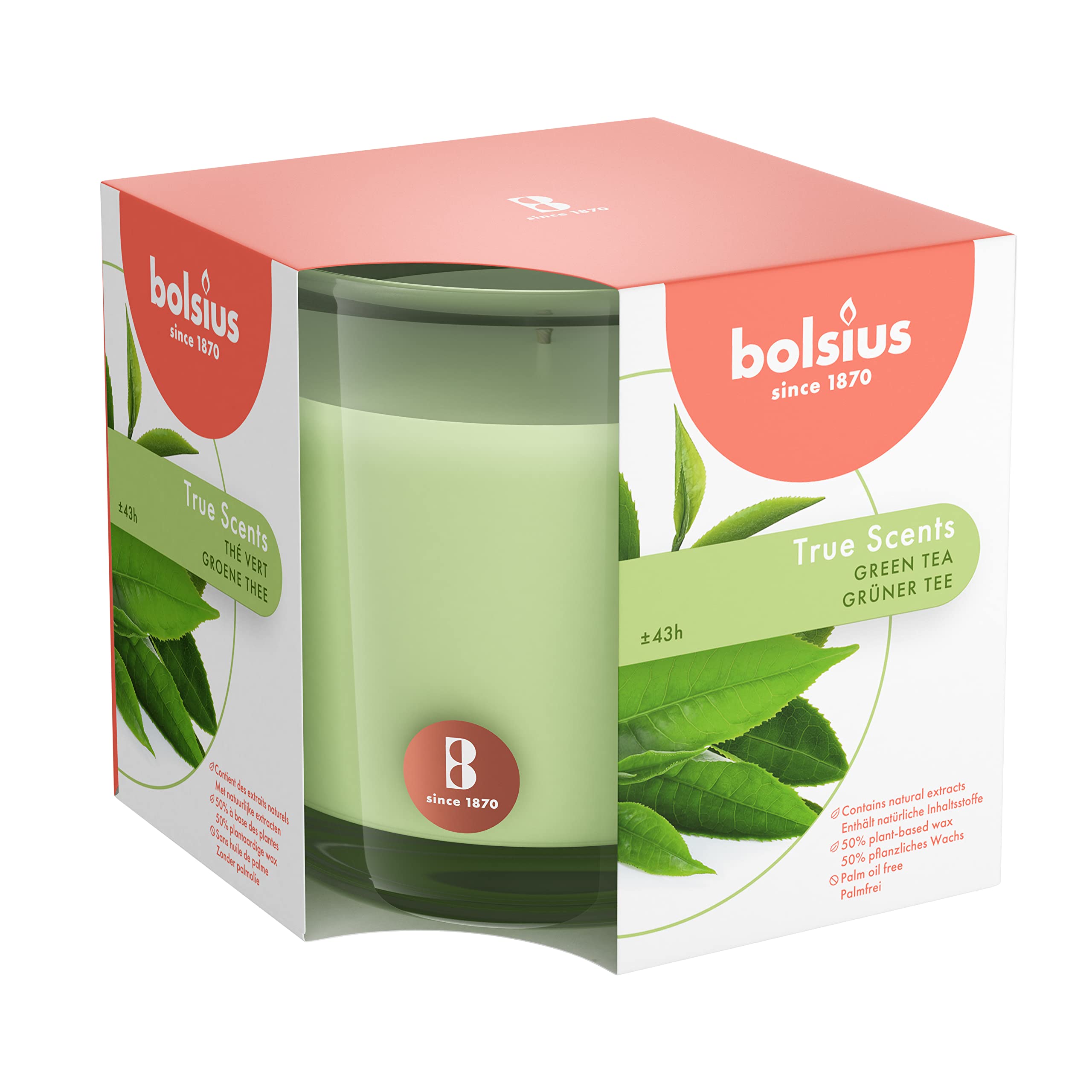 Bolsius Green Tea Scented Candle - Premium Long-Lasting Candle Jar, 43+ Hours Burning Time - Natural Candle with Plant-Based Wax- Smokeless. Clean-Burning Aromatherapy Candle - Large, 8oz Glass Jar