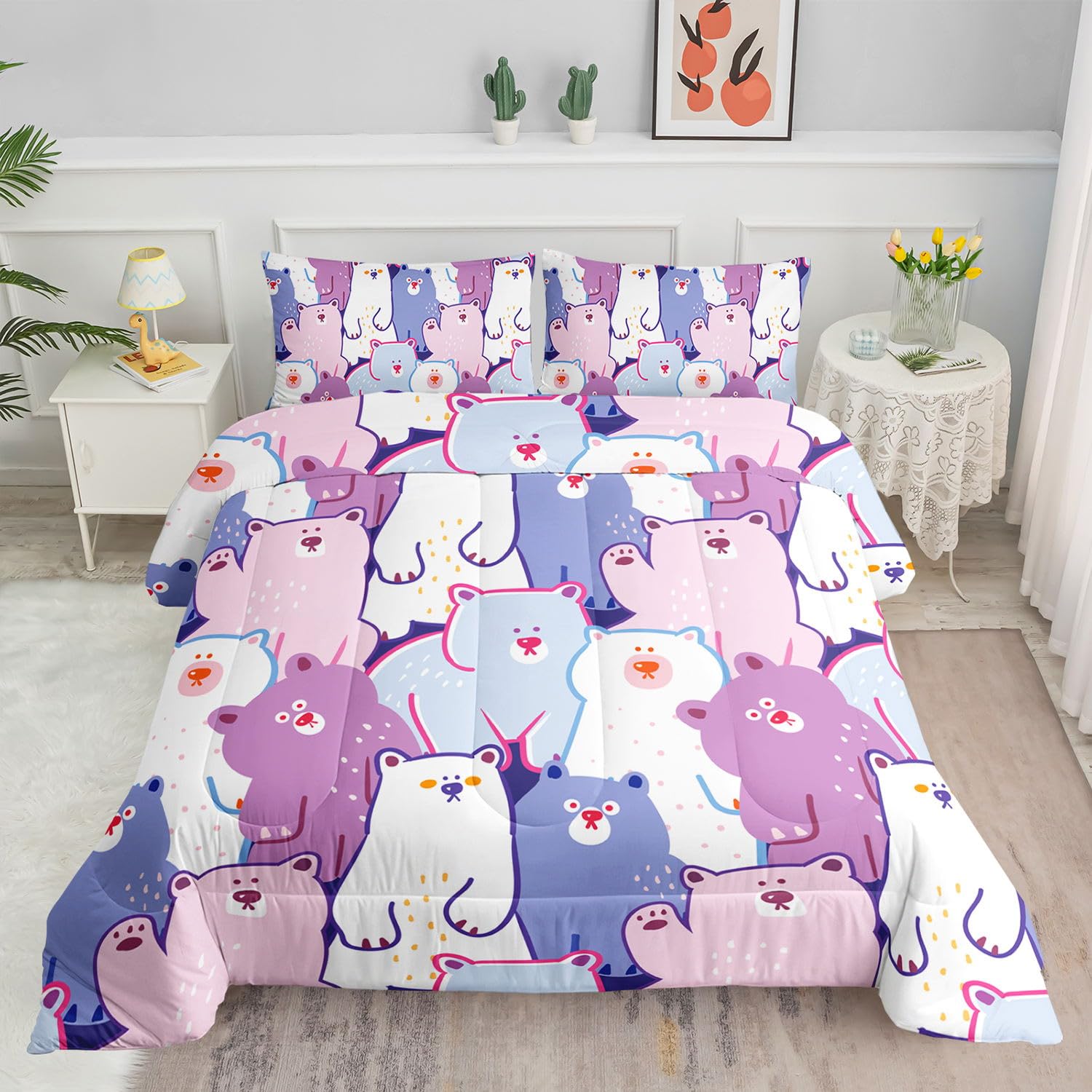 Smell Sunshine Kids Comforter Set Cartoon Bear Printed Pattern Bedding Set with 1 Comforter and 2 Pillowcases for Girls Boys Bedroom All Season(Cartoon Bear Twin)