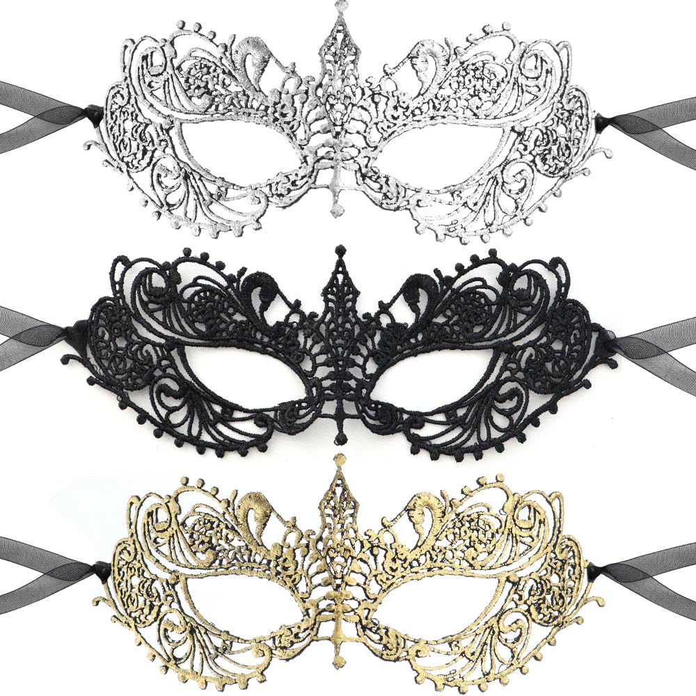 TCOTBE 3 Pieces Lace Masquerade Mask Elastic, Women Sexy Lace Masquerade Masks, Masquerade Mask, for Halloween, Masquerade Party, Thememed Party, Venetian Party, Mardi Gras