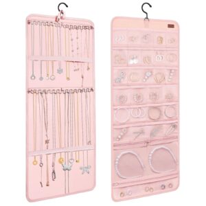 sopito hanging jewelry organizer, foldable jewelry holder organizer dual-sided with hanger metal hooks for necklaces rings earrings