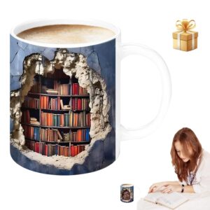 jaysanter visual effect 3d bookshelf mug, book mug, library bookshelf mug, coffee mug for book lovers gifts, creative book club mug, creative space design multi-purpose ceramic mug (blue)