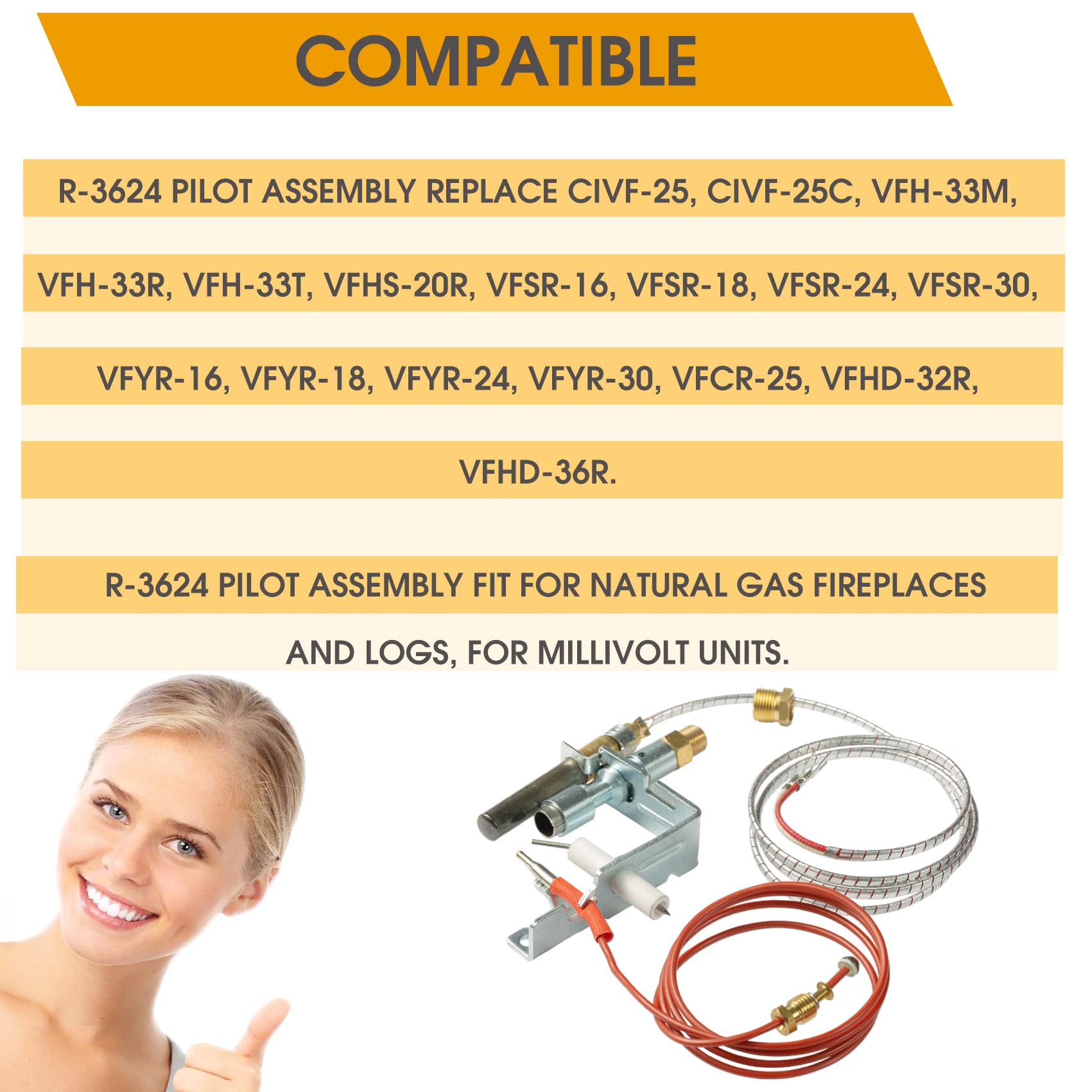 R-3624 14D0473 55464 PP231 103779-01 NG8218 NG ODS Milivolt Fireplace Pilot Assembly Replacement CIVF-25C CIVF-25 VFH-33M VFHS-20R Thermopile Thermocouple Compatible with Desa FMI Empire Majestic