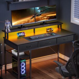 Rolanstar Computer Desk with Power Outlets & LED Light, 39 inch Home Office Desk with 3 Drawers and Storage Shelves, Writing Desk with Monitor Stand, Modern Work Desk for Home Office, Carbon Black