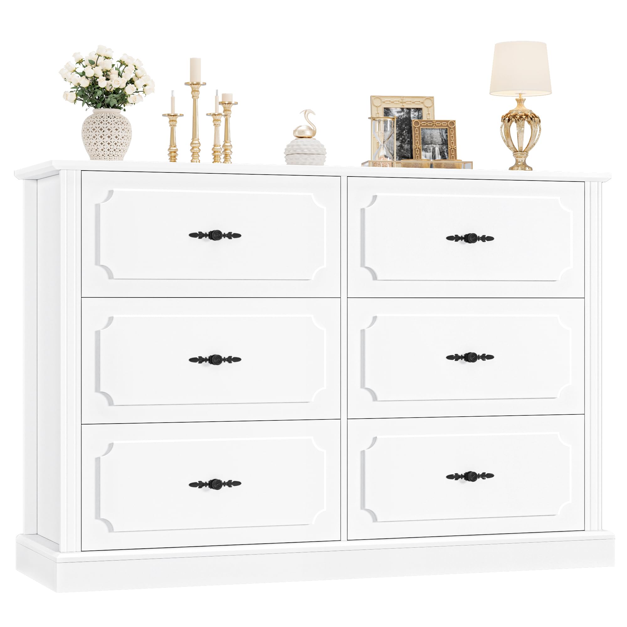 FINETONES White Dresser 6 Drawer, 47.2'' White Dresser Chest of Drawers, Farmhouse Wide Dresser White Chest of Drawers with Designed Drawer Surfaces, 6 Drawer Dresser Storage Organizer