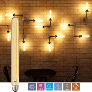 Leools T300 Led Long Bulbs,12W Dimmable Tubular Bulb,100 Watt Equivalent,E26 Edison Style Vintage LED Filament Light Bulb,Amber Glass,2700K Warm White,11.8inch(300mm) Tall T10 Light Bulbs,4-Pack.