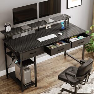 Rolanstar Computer Desk with Power Outlets & LED Light, 39 inch Home Office Desk with 3 Drawers and Storage Shelves, Writing Desk with Monitor Stand, Modern Work Desk for Home Office, Carbon Black