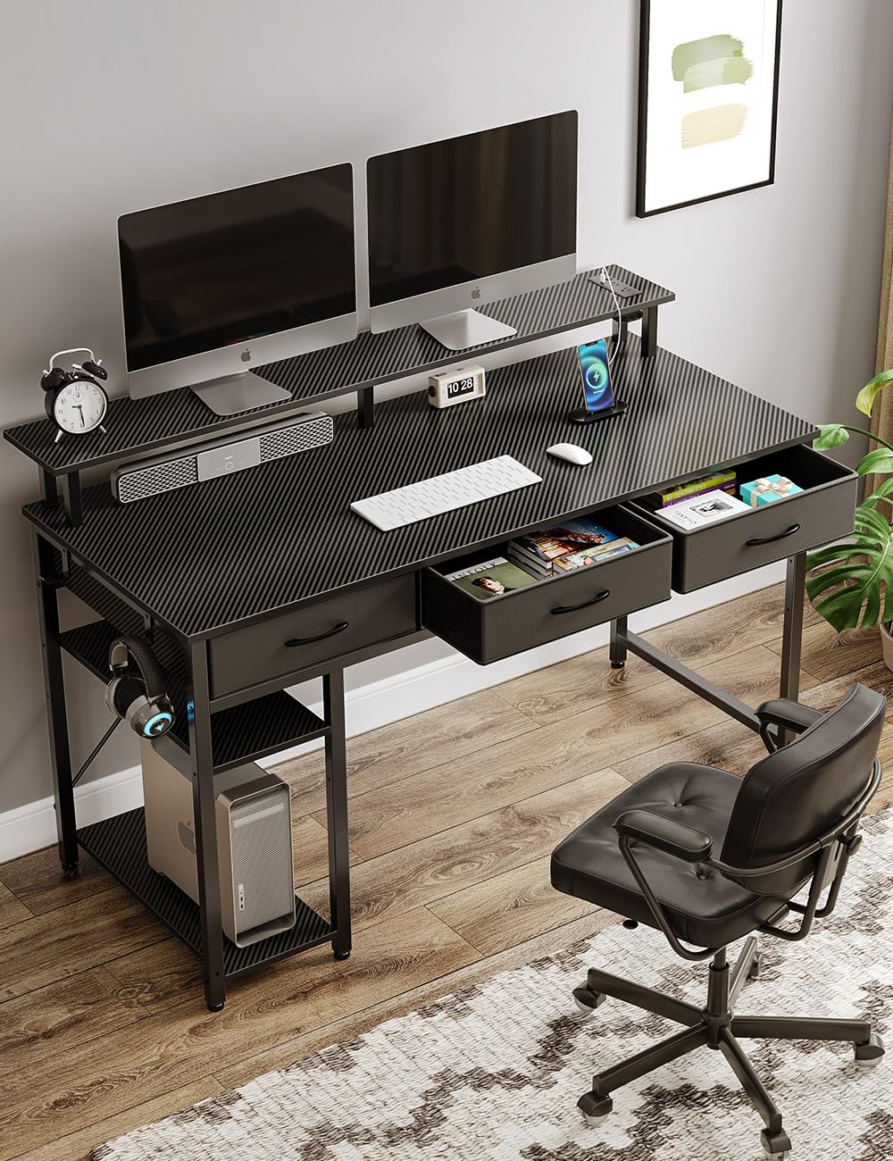 Rolanstar Computer Desk with Power Outlets & LED Light, 39 inch Home Office Desk with 3 Drawers and Storage Shelves, Writing Desk with Monitor Stand, Modern Work Desk for Home Office, Carbon Black