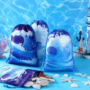 Capoda 16 Pcs Ocean Waves Gift Bags Bulk Sea Drawstring Bags Blue Beach Pool Reusable Treat candy favor Goodie Bags for Summer Swimming Birthday Party Decoration Shower Supplies