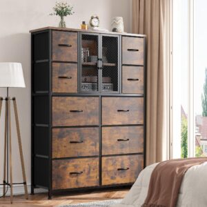 EnHomee Dresser for Bedroom with Mesh Door Tall Dressers & Chests of Drawers with 10 Fabric Drawer Morden Dresser Organizer,Metal Frame,Wood Top,for Closet,Entryway,Rustic Brown 38" Wx11.81 Dx48.1 H