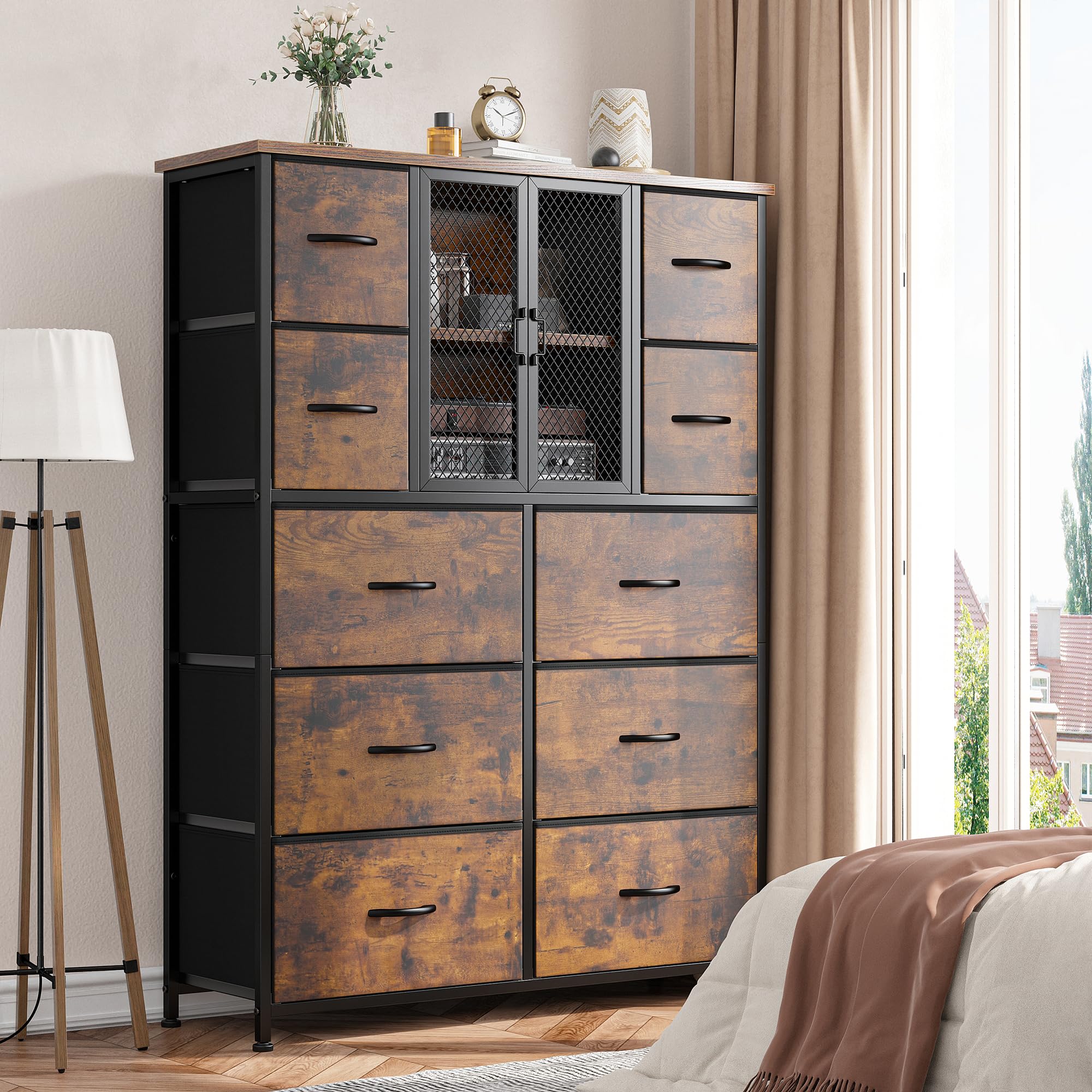 EnHomee Dresser for Bedroom with Mesh Door Tall Dressers & Chests of Drawers with 10 Fabric Drawer Morden Dresser Organizer,Metal Frame,Wood Top,for Closet,Entryway,Rustic Brown 38" Wx11.81 Dx48.1 H