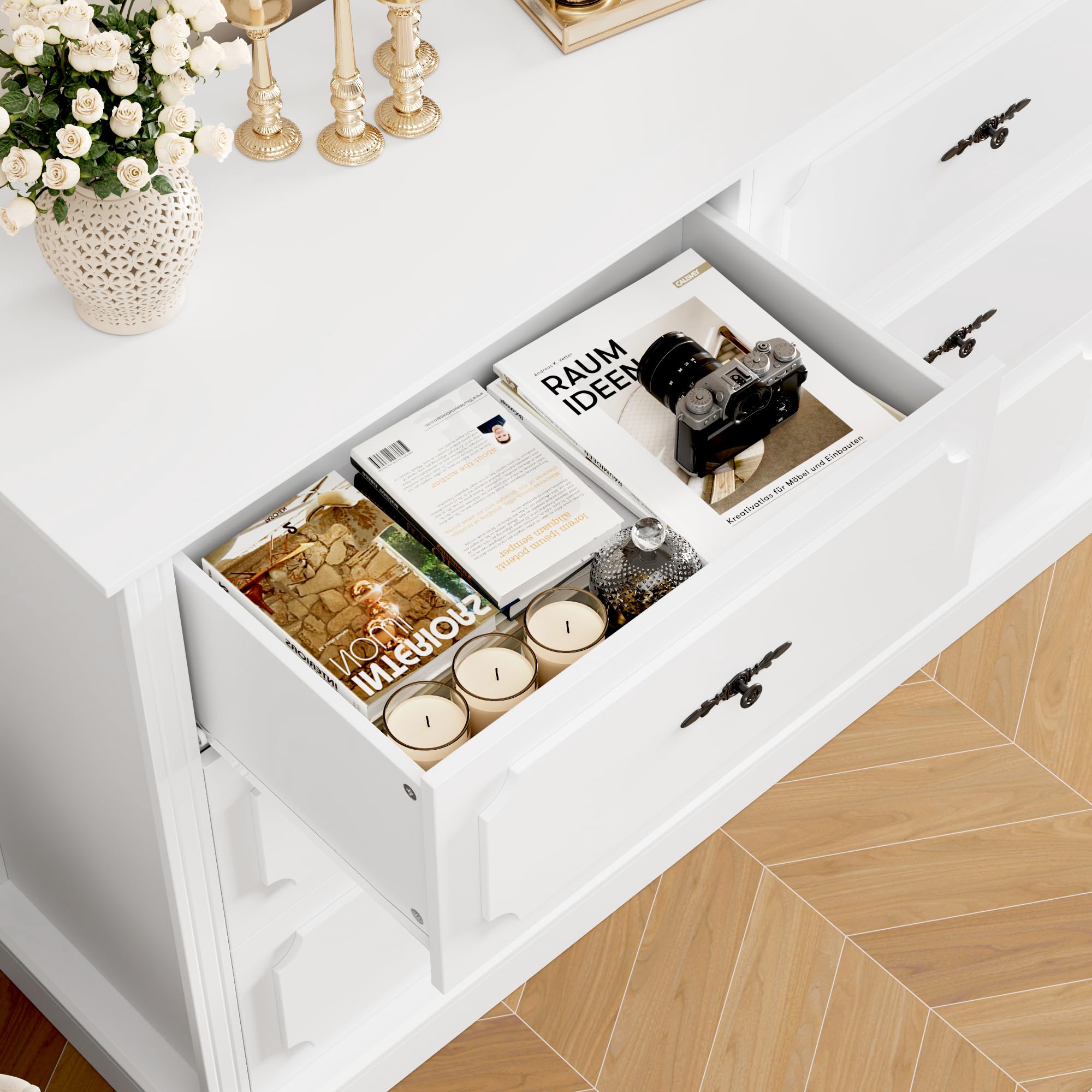 FINETONES White Dresser 6 Drawer, 47.2'' White Dresser Chest of Drawers, Farmhouse Wide Dresser White Chest of Drawers with Designed Drawer Surfaces, 6 Drawer Dresser Storage Organizer