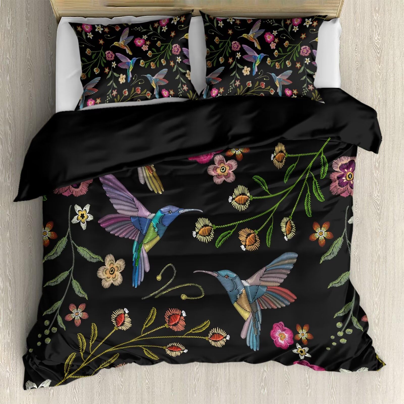 gearider Hummingbirds Floral Pattern Duvet Cover Set, Embroider Style Soft Bedding Set with Zipper Closure for Women Men, Black Lining, Size Queen