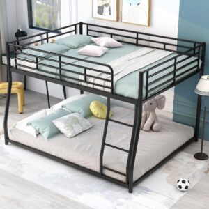 Harper & Bright Designs Full XL Over Queen Bunk Beds, Heavy-Duty Metal Floor Bunk Bed Frame with Ladder for Kids Boys Girls Teens,Black