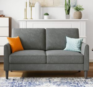 linsy 58" w loveseat sofa, small couch modern comfy couch for bedroom and living room, small loveseat for small spaces, easy assembly, dark grey