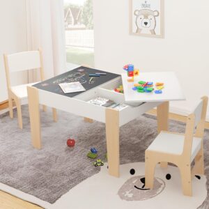 curipeer 4 in 1 kids table and chair set, table and chairs for toddlers 2-5 with 2 reversible blackboard, children's table with storage for activity/play/art/read/craft, white and natural color