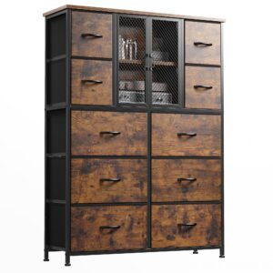 enhomee dresser for bedroom with mesh door tall dressers & chests of drawers with 10 fabric drawer morden dresser organizer,metal frame,wood top,for closet,entryway,rustic brown 38" wx11.81 dx48.1 h