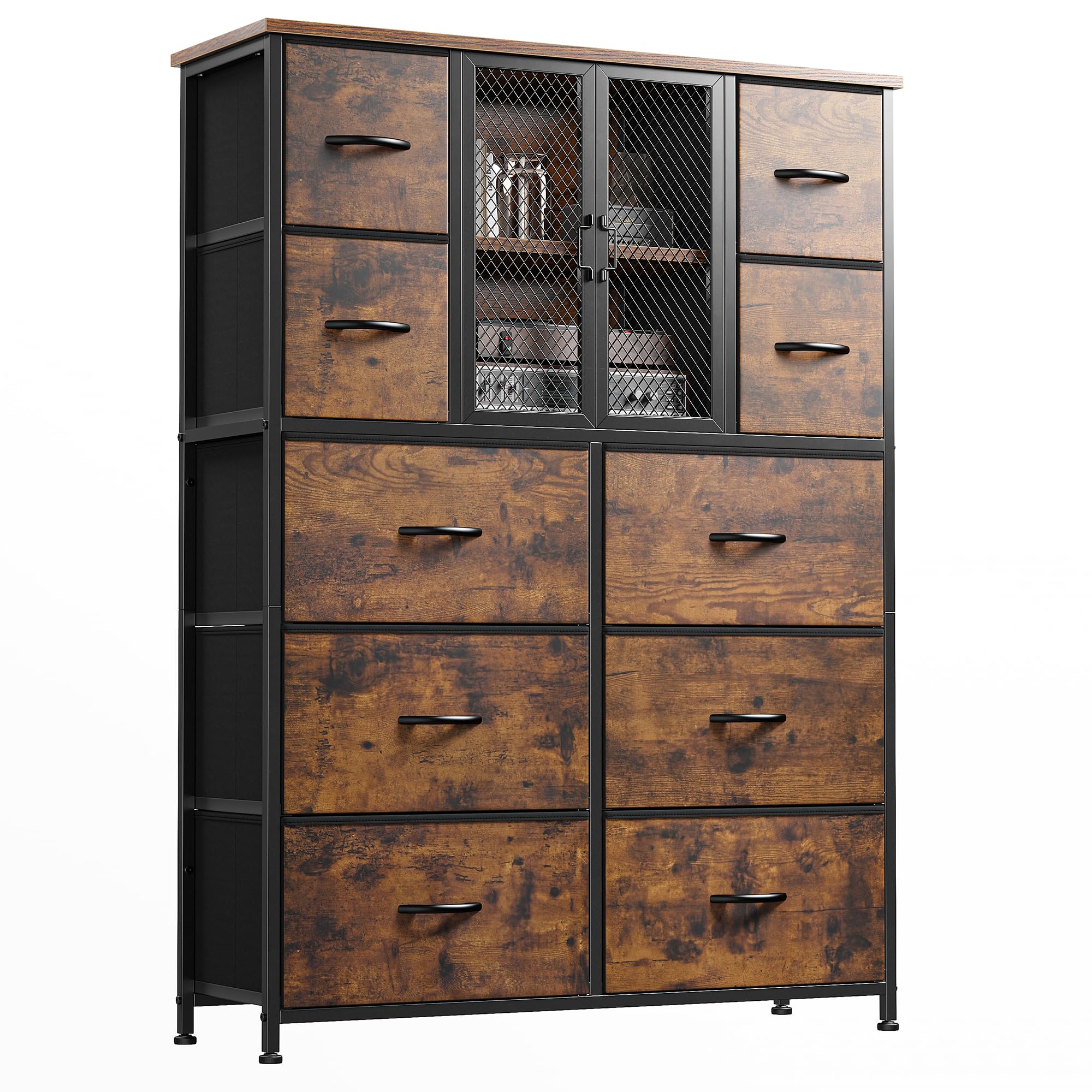 EnHomee Dresser for Bedroom with Mesh Door Tall Dressers & Chests of Drawers with 10 Fabric Drawer Morden Dresser Organizer,Metal Frame,Wood Top,for Closet,Entryway,Rustic Brown 38" Wx11.81 Dx48.1 H