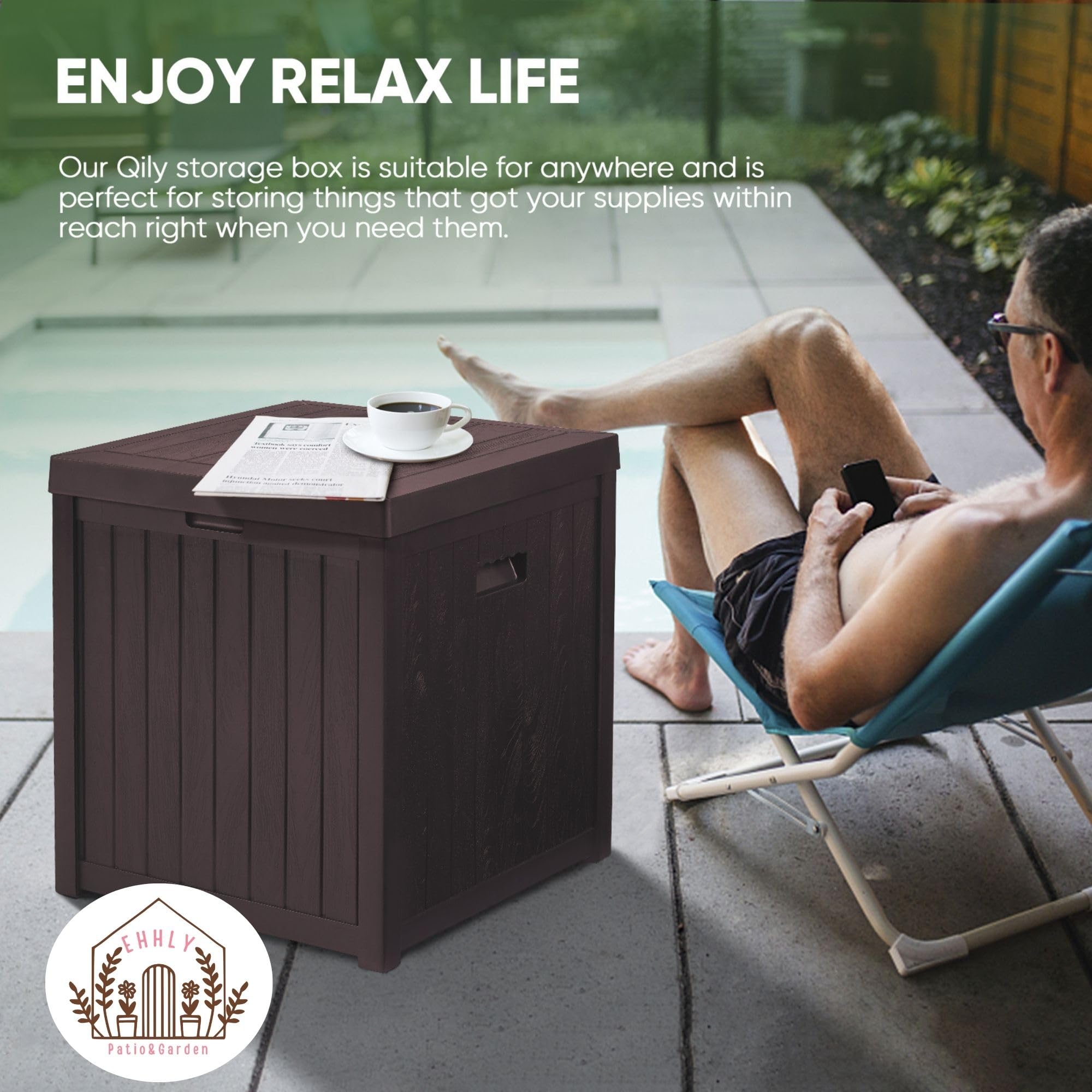 EHHLY Deck Box, 51 Gallon Front Porch Package Bin Delivery Box for Outside, Small Patio Outdoor Storage Boxes Waterproof, UV Resistant Plastic Resin Pool Storage Bins with lids, Brown