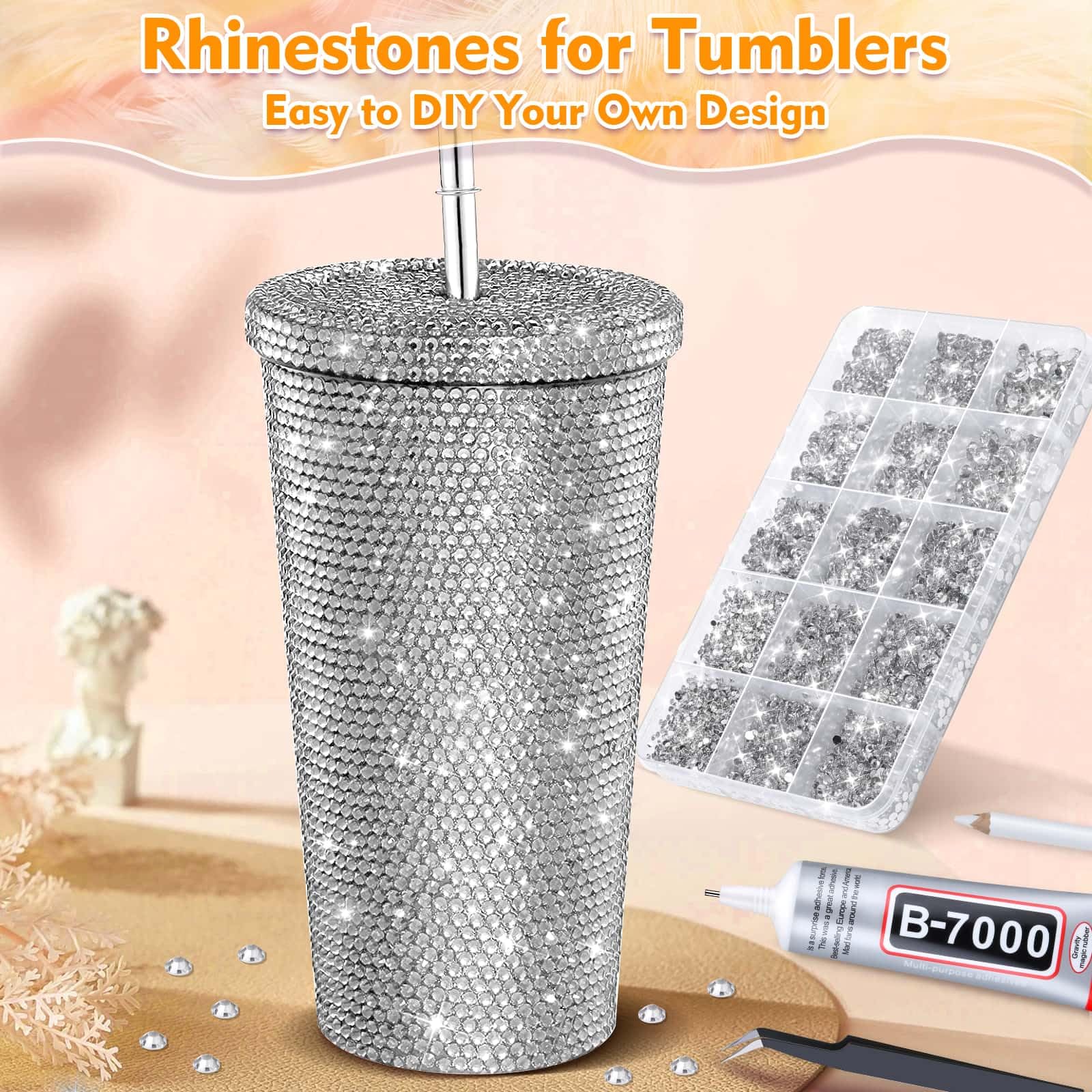 B-7000 Glue with 14000Pcs Craft Rhinestones for Clothes, Resin Silver Rhinestones Flatback Gems NonHotfix Rhinestone Bling Kit with Fabric Super Glue for Graduation Cap, Shoes, Tumblers, Makeup