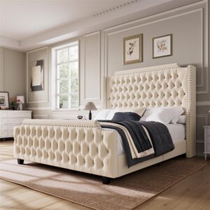 hostack king size platform bed frame with 54" tall wingback headboard & deep button tufted footboard, velvet upholstered bed frame with handmade pleats, nailhead trim, no box spring needed, cream