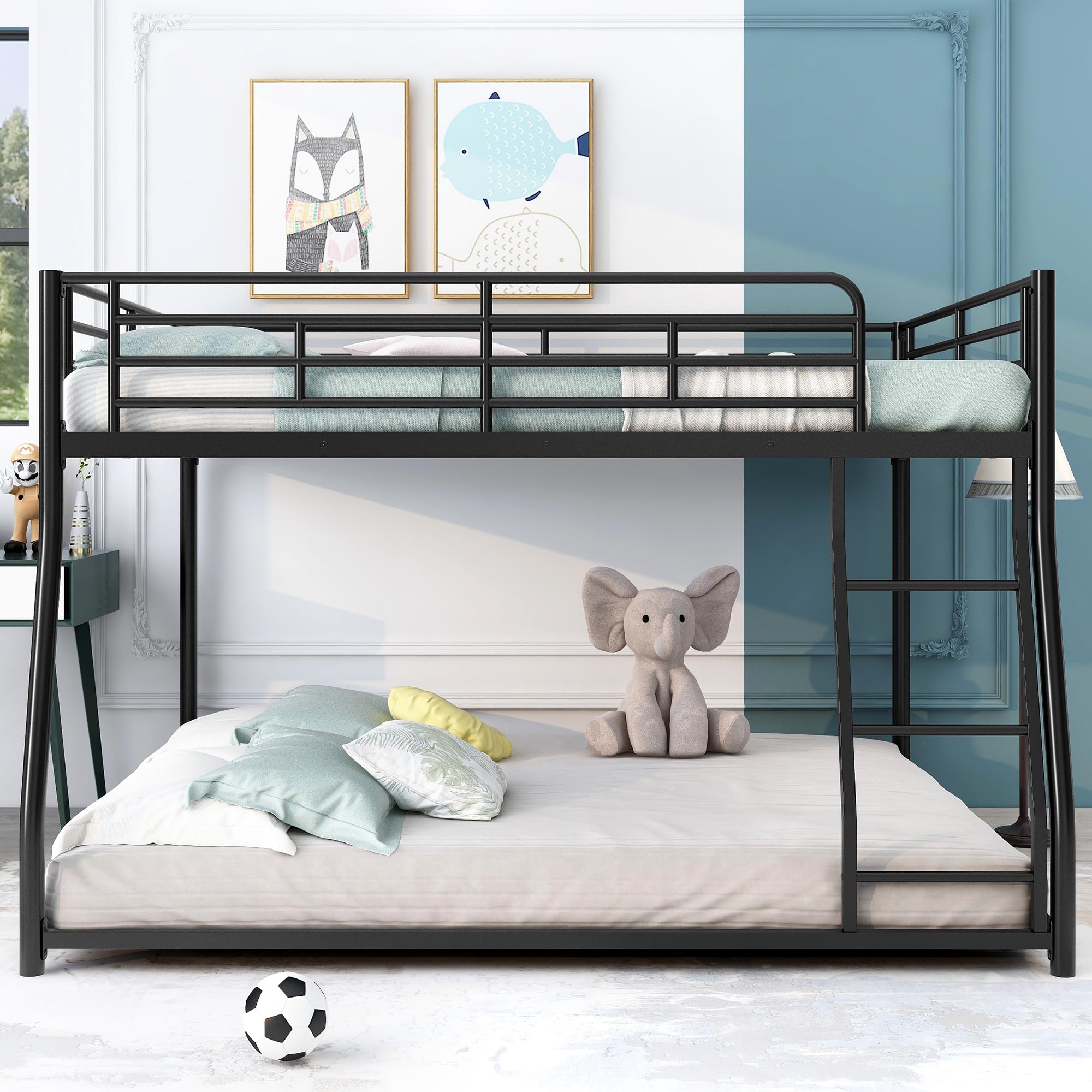 Harper & Bright Designs Full XL Over Queen Bunk Beds, Heavy-Duty Metal Floor Bunk Bed Frame with Ladder for Kids Boys Girls Teens,Black