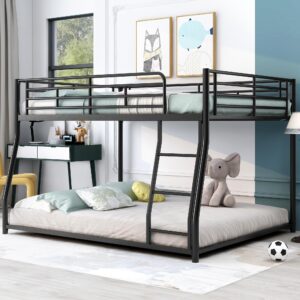 harper & bright designs full xl over queen bunk beds, heavy-duty metal floor bunk bed frame with ladder for kids boys girls teens,black