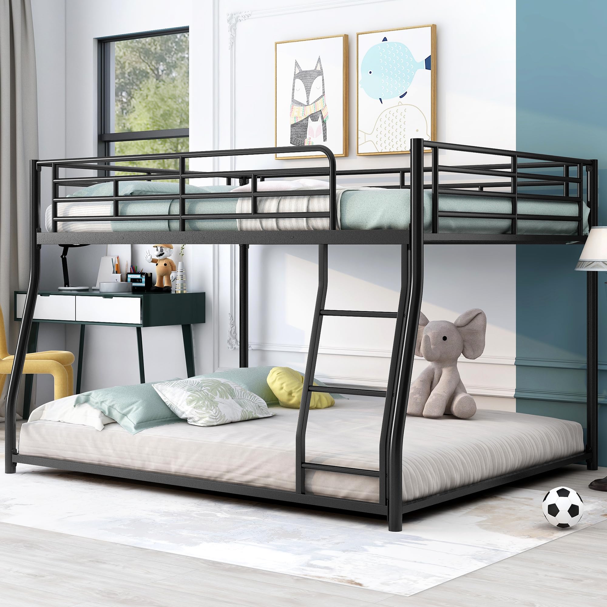 Harper & Bright Designs Full XL Over Queen Bunk Beds, Heavy-Duty Metal Floor Bunk Bed Frame with Ladder for Kids Boys Girls Teens,Black