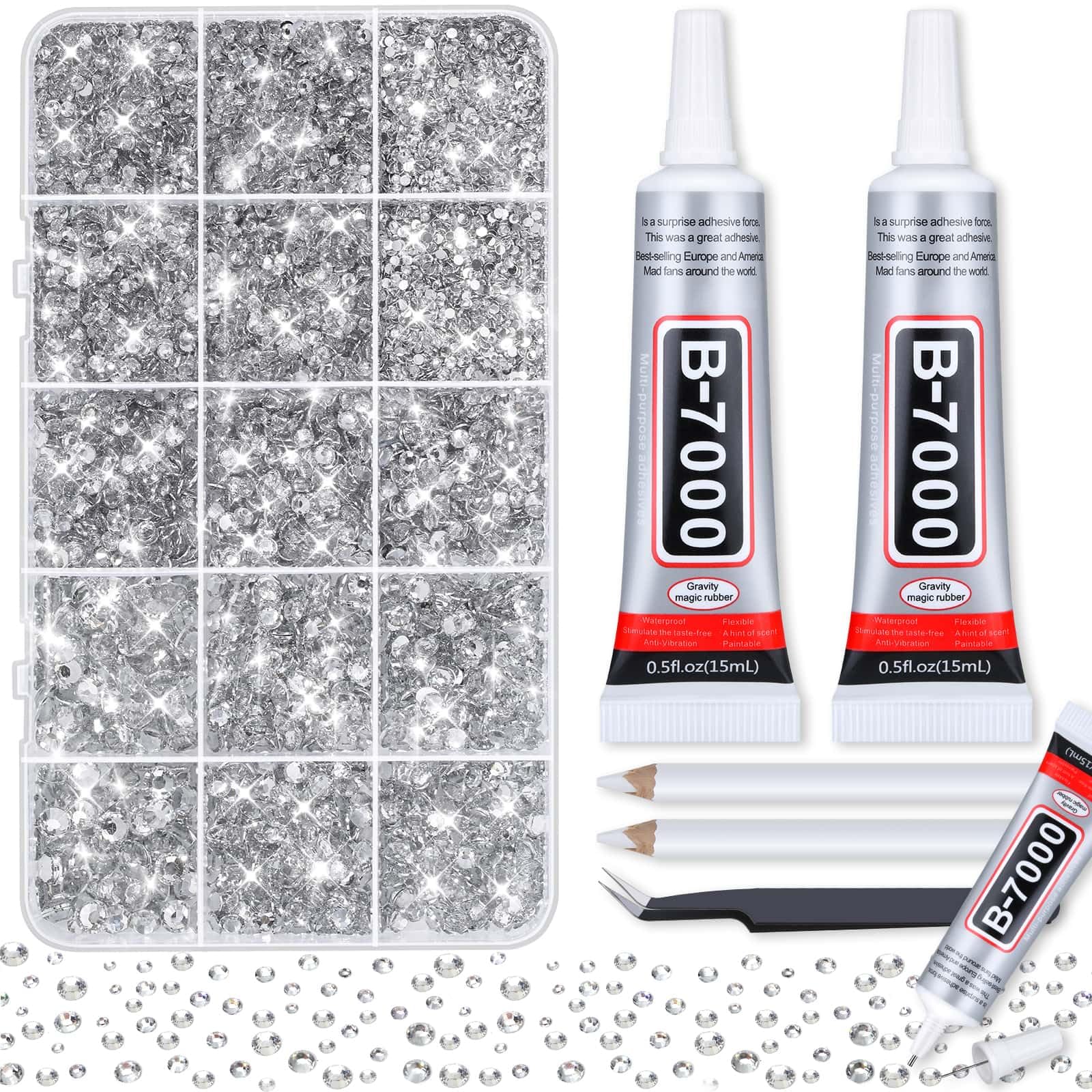 B-7000 Glue with 14000Pcs Craft Rhinestones for Clothes, Resin Silver Rhinestones Flatback Gems NonHotfix Rhinestone Bling Kit with Fabric Super Glue for Graduation Cap, Shoes, Tumblers, Makeup