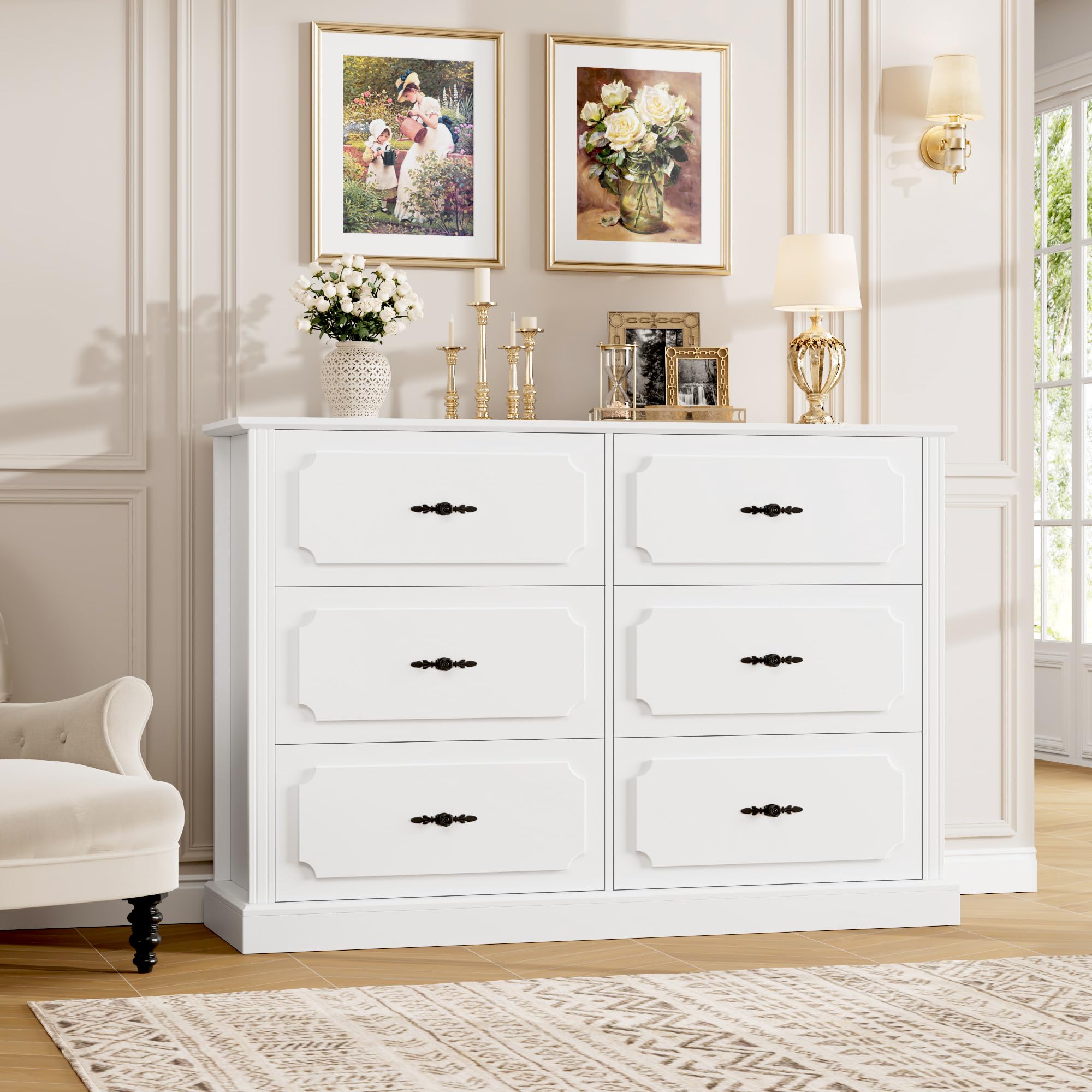 FINETONES White Dresser 6 Drawer, 47.2'' White Dresser Chest of Drawers, Farmhouse Wide Dresser White Chest of Drawers with Designed Drawer Surfaces, 6 Drawer Dresser Storage Organizer