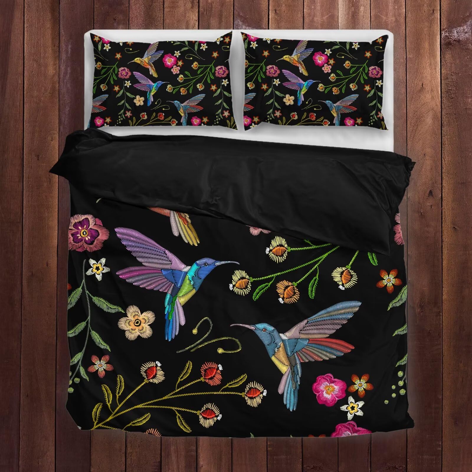 gearider Hummingbirds Floral Pattern Duvet Cover Set, Embroider Style Soft Bedding Set with Zipper Closure for Women Men, Black Lining, Size Queen