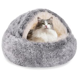 hyq small dog bed with cover cave, cozy cat cave bed, round puppy bed with hooded cover, cat beds for indoor cats washable, dog beds for small dogs with anti-slip bottom (grey, 20×20 inch)