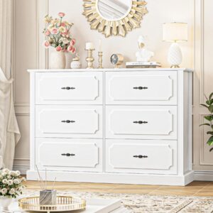 finetones white dresser 6 drawer, 47.2'' white dresser chest of drawers, farmhouse wide dresser white chest of drawers with designed drawer surfaces, 6 drawer dresser storage organizer