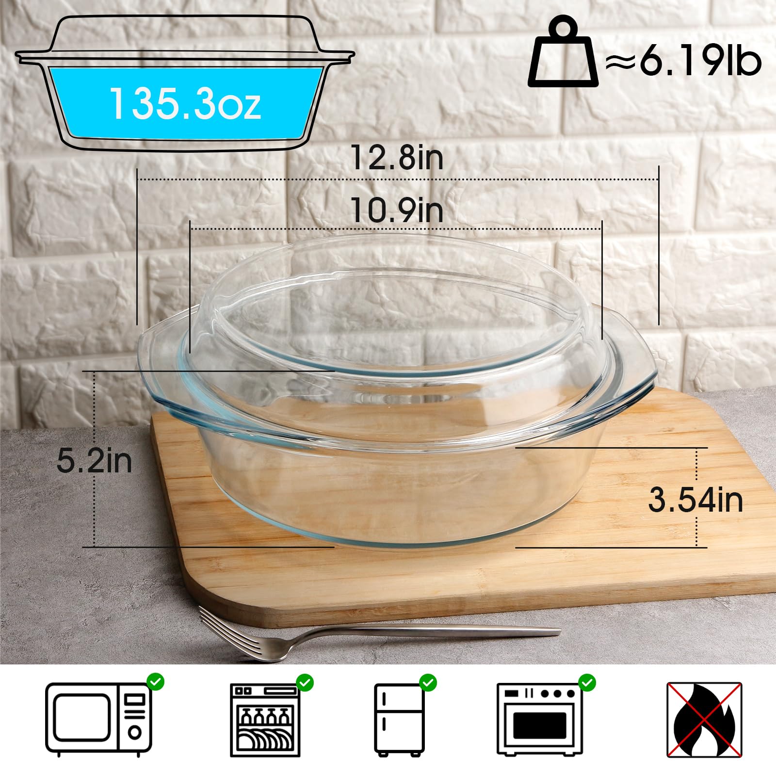 NUTRIUPS 4L Round Glass Casserole Dish with Glass Lid, Tempered Glass, Large Glass Microwave Bowls with Glass Lid