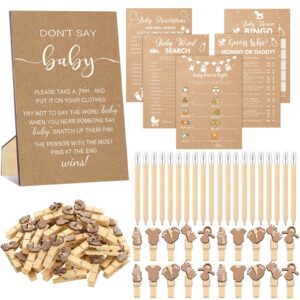 patelai 321 pcs baby shower games supplies, 5 sets (50 cards each) activities cards with 20 pencils 1 don't say baby sign 50 clothespin(kraft style)