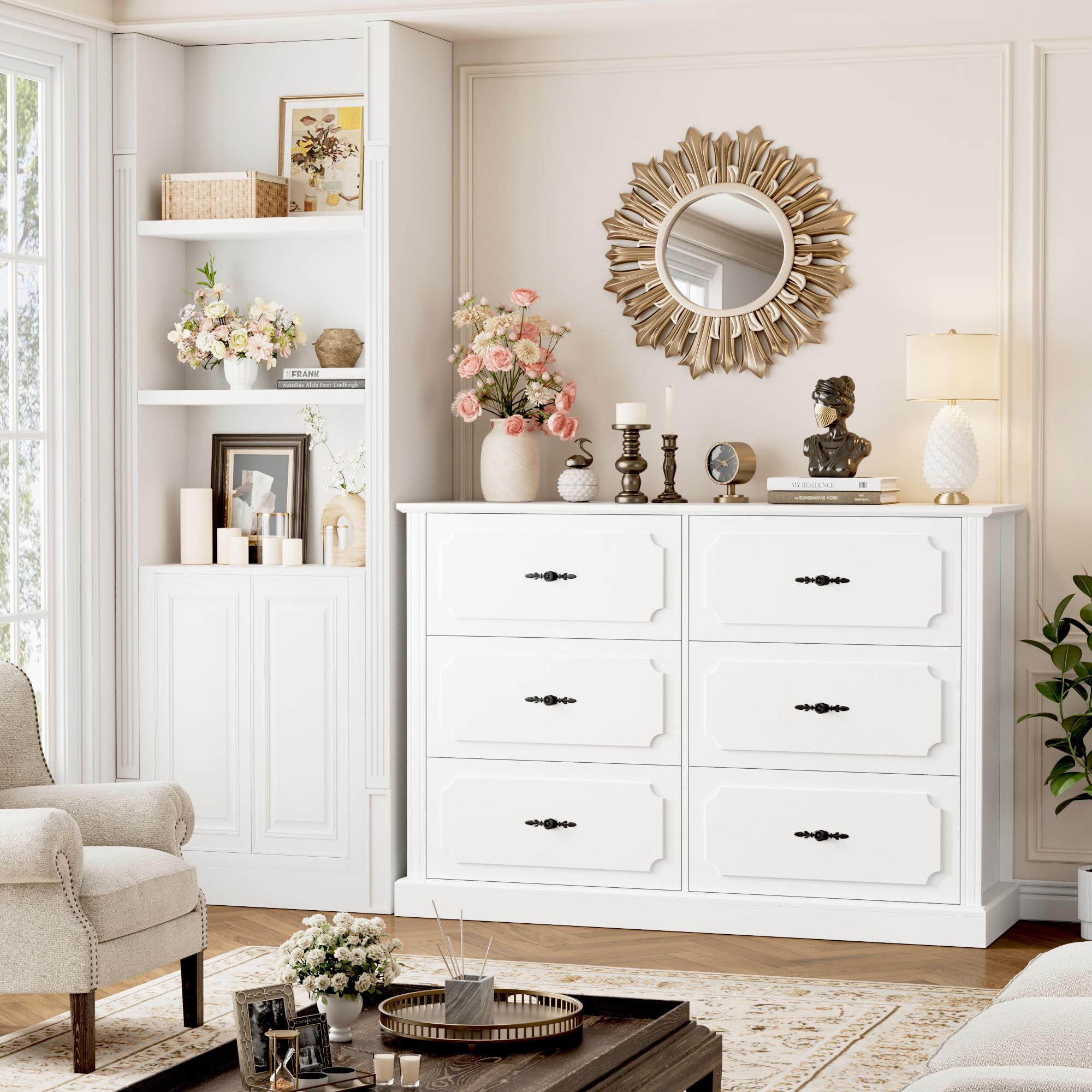 FINETONES White Dresser 6 Drawer, 47.2'' White Dresser Chest of Drawers, Farmhouse Wide Dresser White Chest of Drawers with Designed Drawer Surfaces, 6 Drawer Dresser Storage Organizer