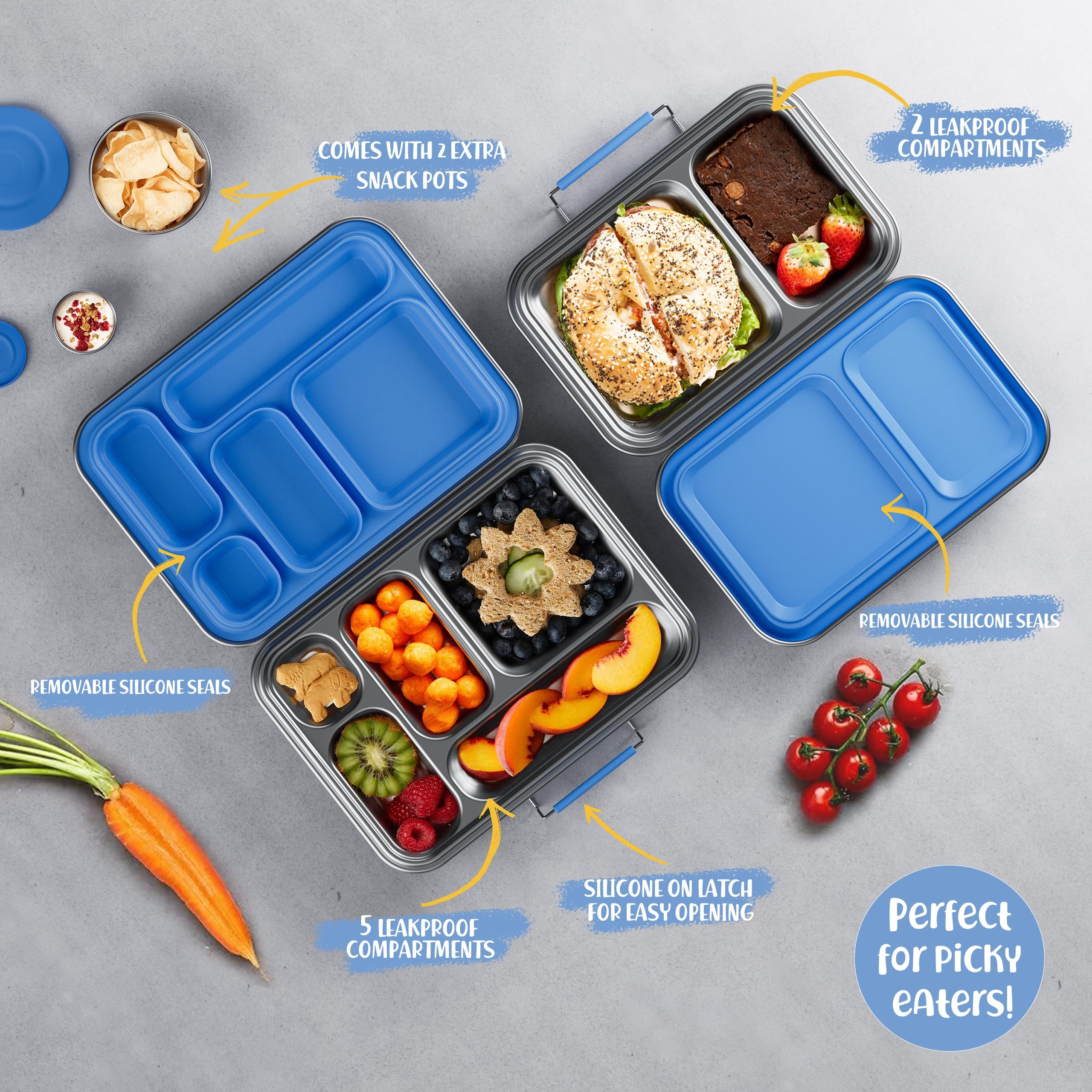 AOHEA Stainless Steel Bento Box Kids, Kids Metal Bento Lunch Box BPA Free Lunch Box Containers 304 Stainless Steel Bento Box for School and Office(Bule)