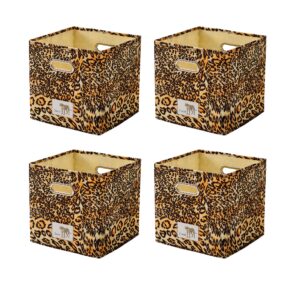 beigeswan foldable animal leopard [set of 4] cube storage bins, collapsible fabric organizer container boxes w/ handles – 11 x 11 x 11 inches