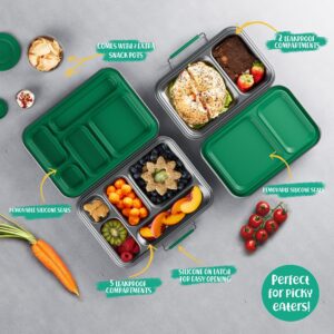 AOHEA Stainless Steel Lunch Box for Kids, Leak Proof Bento Lunch Box BPA Free 304 Stainless Steel Bento Box Stainless Bento Box with Containers for School and Office(Green)