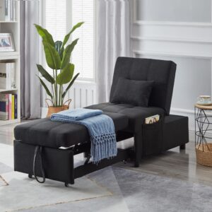 n noordeniya convertible sleeper sofa chair bed,4-in-1 single adjustable chair,convertible chair bed with pillow and pocket multi-functional sleeper chair with modern linen fabric for apartment(black)