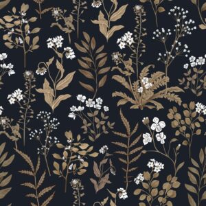 abyssaly black and gold peel and stick wallpaper vintage, 17.7" x 118" dark floral wallpaper glod leaf with white flower contact paper for wall furniture cabinet, vinyl self adhesive wall paper